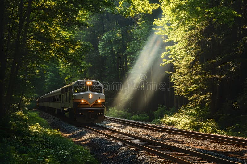 Train Moving through Dense Green Forest Illuminated by Sunlight ...
