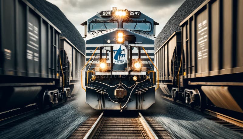 A Train is Moving Down the Tracks with a Blue and White Logo on the ...