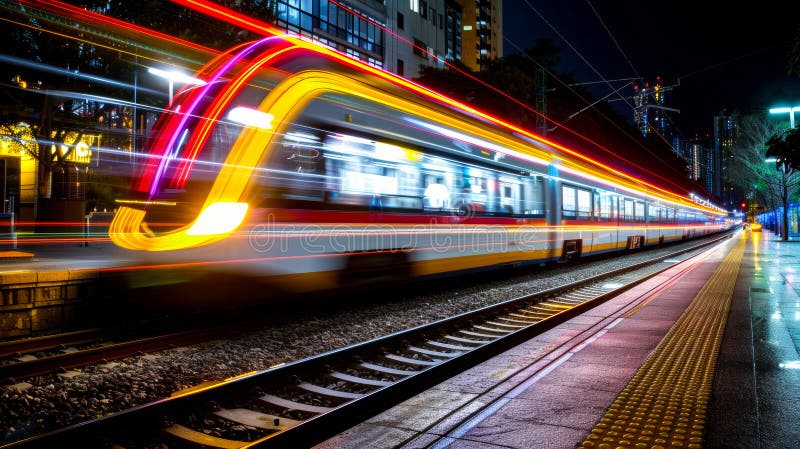 A Train is Moving Down the Tracks at Night Stock Image - Image of ...