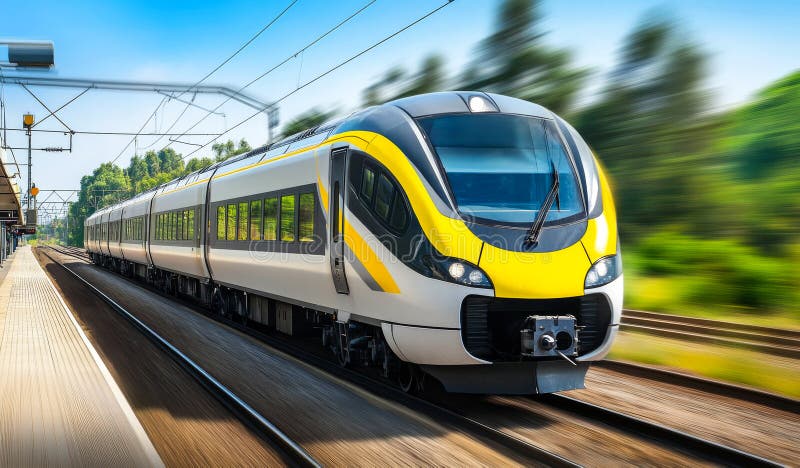 A Train is Moving Down the Tracks with a Yellow Stripe on the Side ...