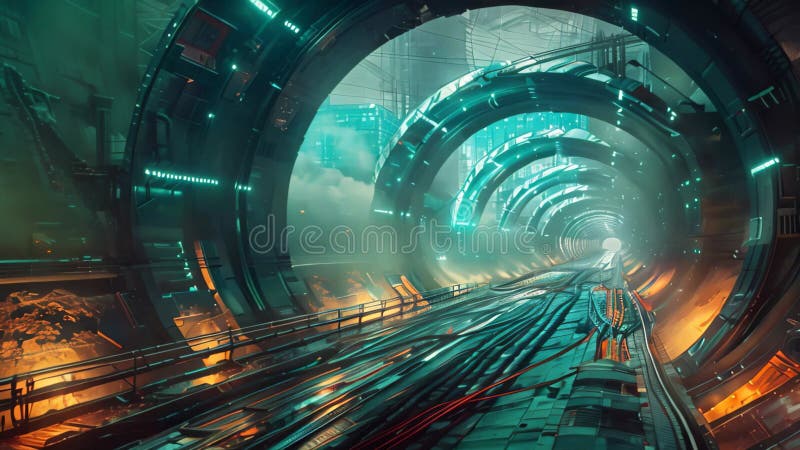 A Train Moving through a Modern Tunnel Underground, a Network of ...