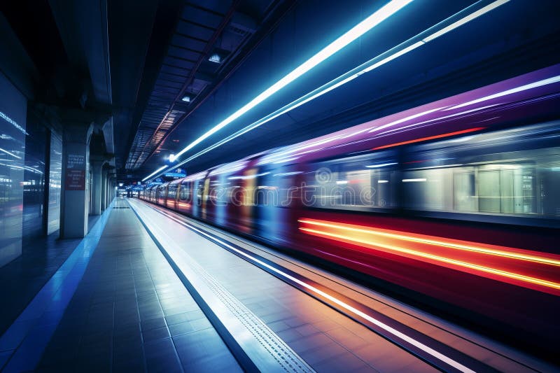 A Train Moving through a Subway Station at Night Stock Illustration ...