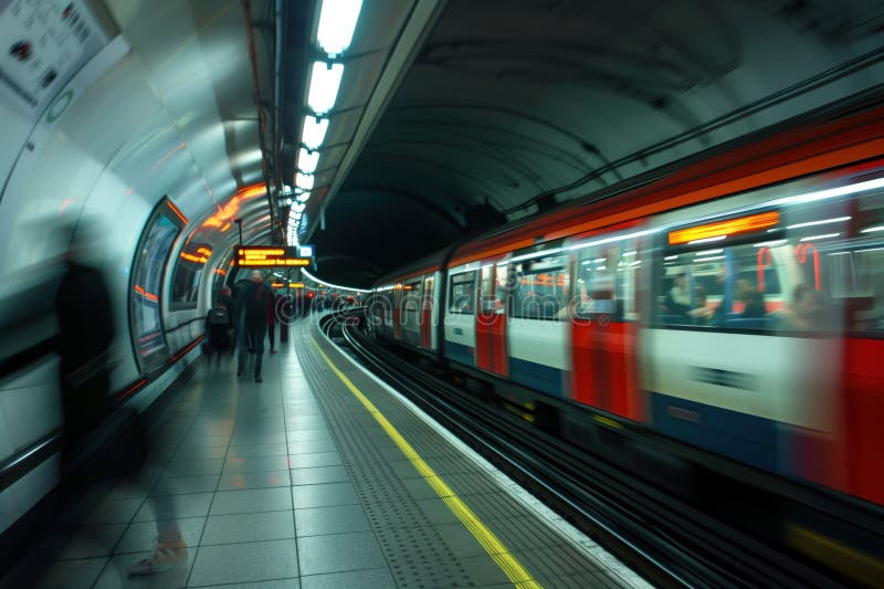 A Train is Moving through a Subway Station with People Walking on the ...
