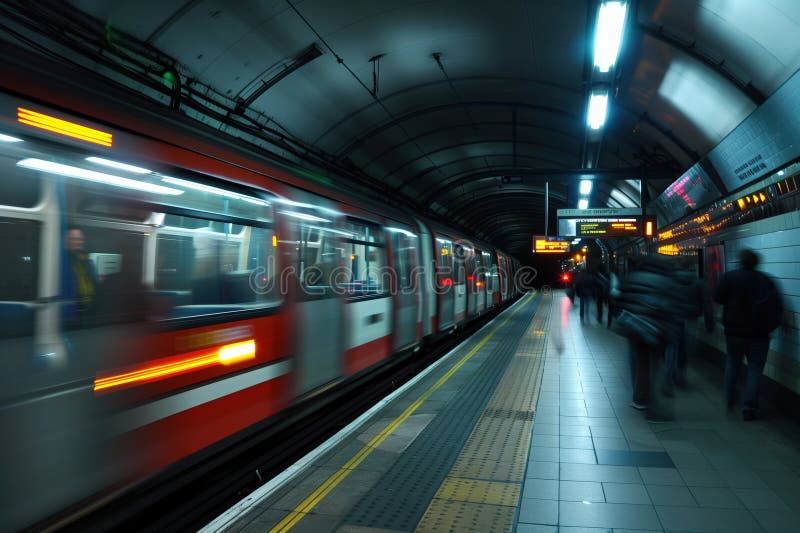 A Train is Moving through a Subway Station with People Walking on the ...