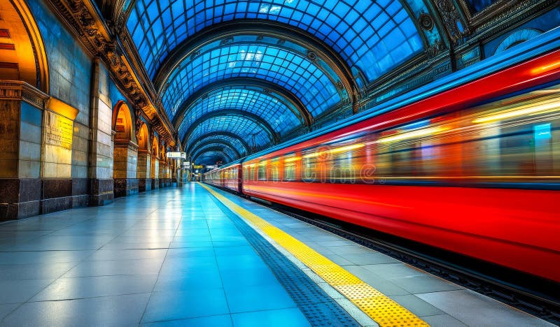 A Train is Moving through a Tunnel with a Blue Roof Stock Image - Image ...