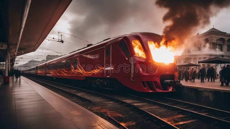 Train in the Night a Burning Ruby Train is on Fire, Flames, that Shines ...