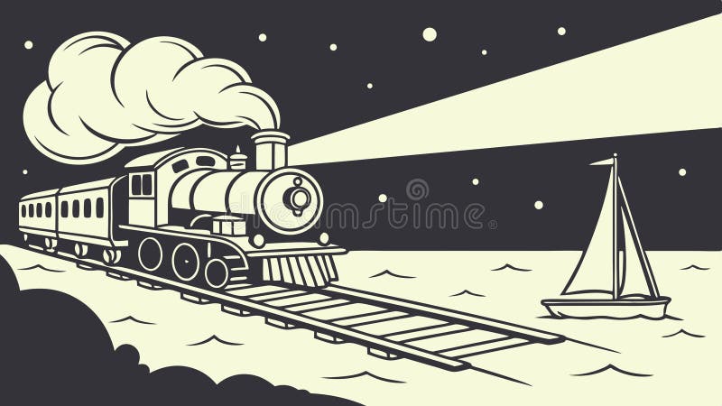 Train at Night with Headlight Beam and Distant Sailboat, Vector Design ...