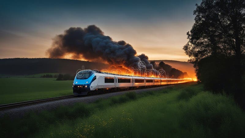 Train in the Night a High-speed Burning Train on Fire that is ...