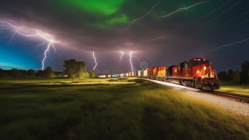 Train in the Night _A Lightning Freight Train that is Shooting Off ...