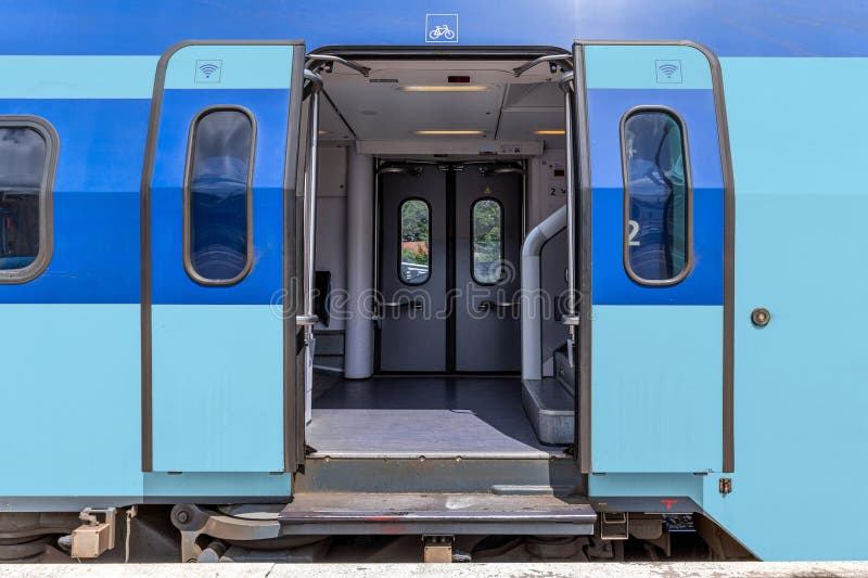 Train with open doors stock photo. Image of track, transportation ...
