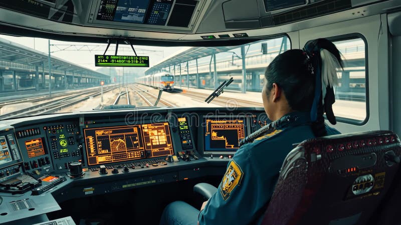 A Train Operator Sits Inside the High-tech Control Cabin of a Modern ...