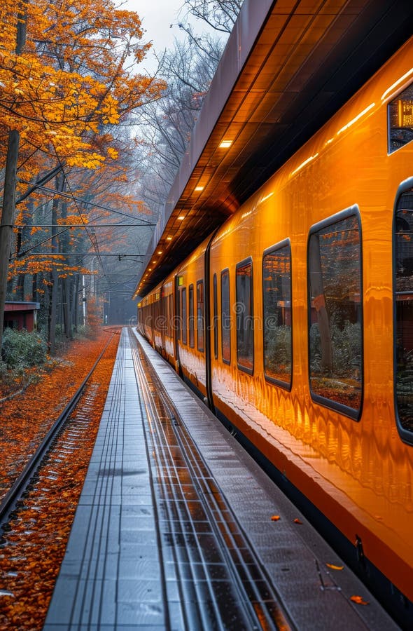 A Train with Orange Windows is on a Track with Leaves on the Ground ...