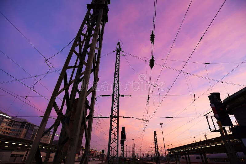 Train Overhead Lines in the Evening Stock Image - Image of blue, travel ...