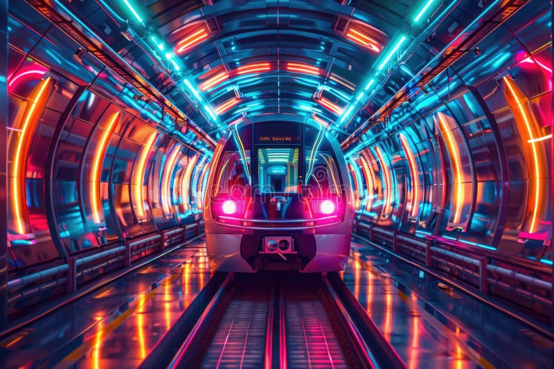 A Train Passes through a Lit Tunnel with Colorful Neon Lights Stock ...
