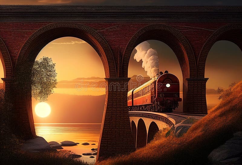 The Train Passes Over a Beautiful Arched Bridge at Sunset. AI Generated ...