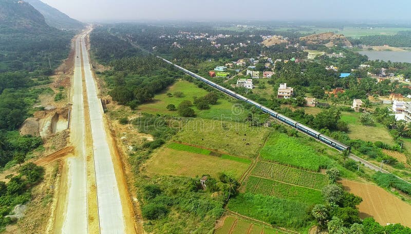 Train Passing Near Under Work Road Background Green Mountain and Tree ...