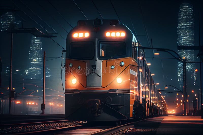 Train Passing through the Night City Illustration Generative AI Stock ...