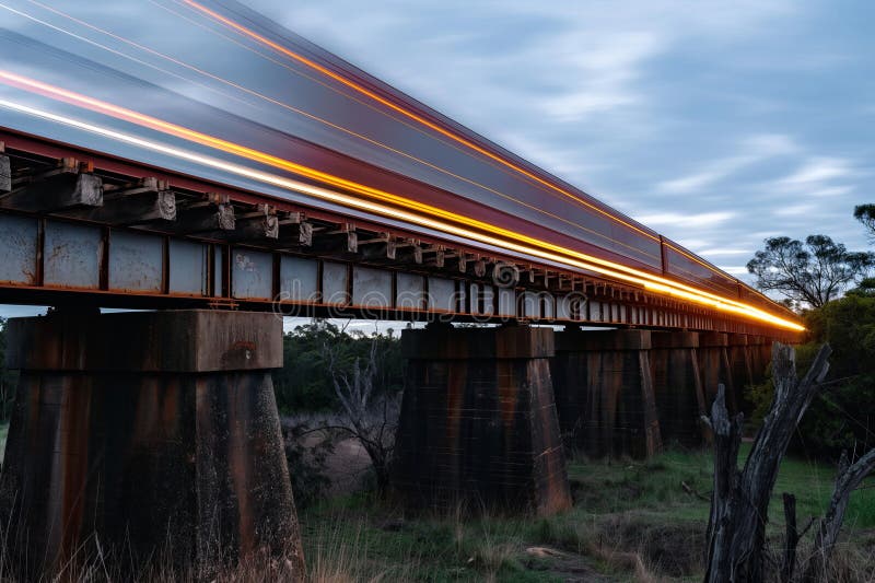 A Train is Passing Over a Bridge with a Blurry Effect, Long Exposure ...