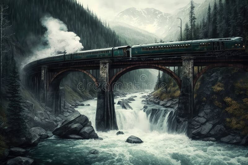 Train Passing Over Bridge, with View of Rushing Water Below Stock Photo ...
