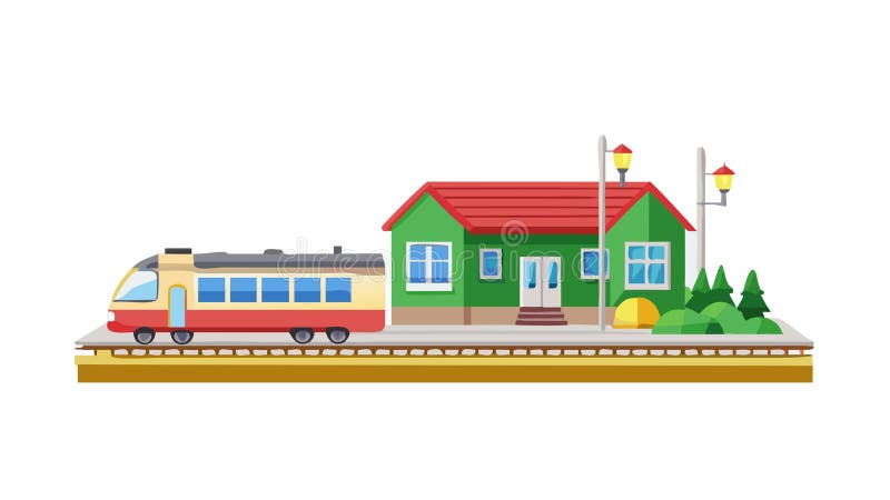 Train Passing by Station, Commuter Travel Scene, Vector Design ...