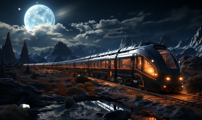 Train Passing Under Full Moon Stock Photo - Image of stars, tracks ...