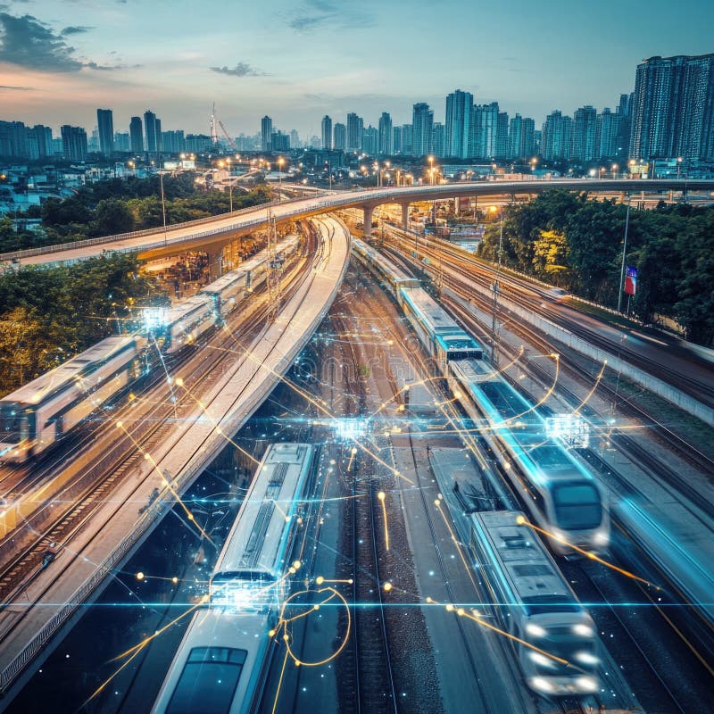 Train Passing by Urban Scenery, with Buildings and Roads Alongside the ...