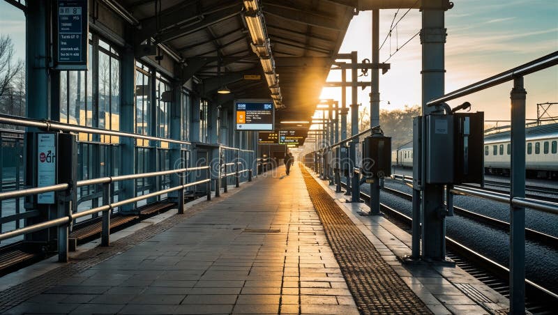 Train Platform with Cold Morning Light Hitting Metal Railings and ...