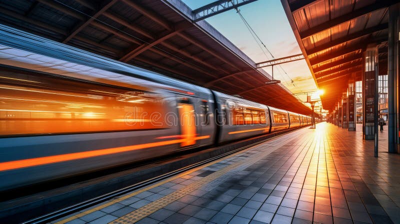 Train Platform with Fast Passing Train at Sunset Stock Illustration ...