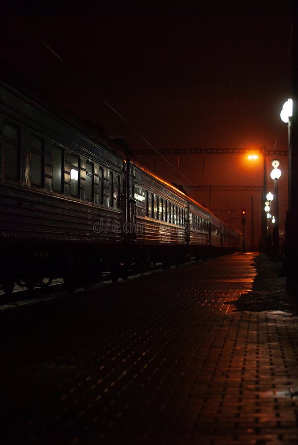 Train on the Platform of the Railway Station at Night Stock Photo ...