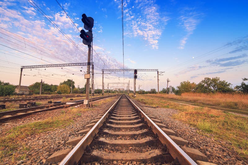 Train Platform and Traffic Light at Sunset. Railroad Stock Photo ...