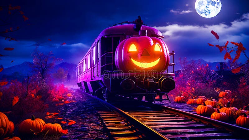 Train with Pumpkin on the Front of it on Train Track. Generative AI ...