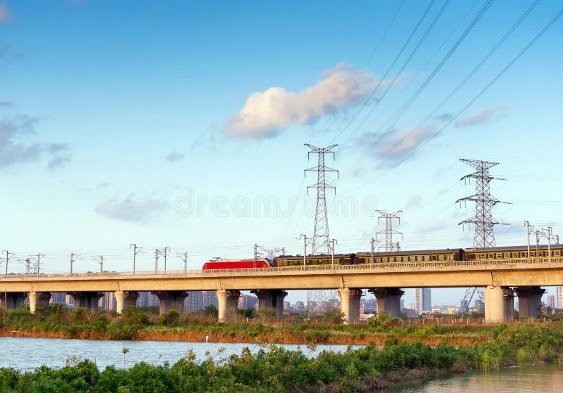 Train and pylons stock photo. Image of grid, built, architecture - 71436520