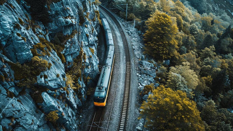 Train on Railroad Tracks through the Mountain Pass on Bridge Stock ...