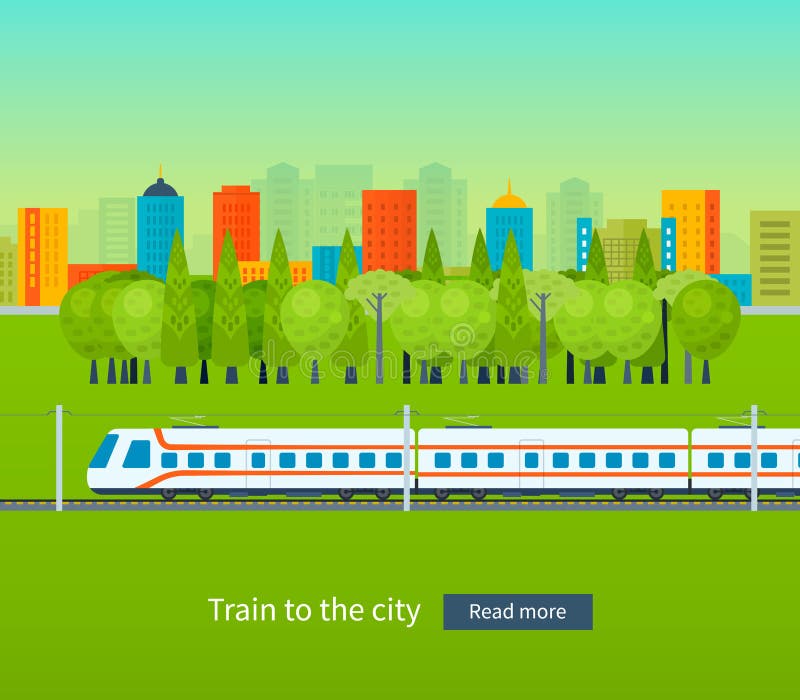Train on Railway with City Background Stock Vector - Illustration of ... Train on Railway with City Background Stock Vector - Illustration of ...