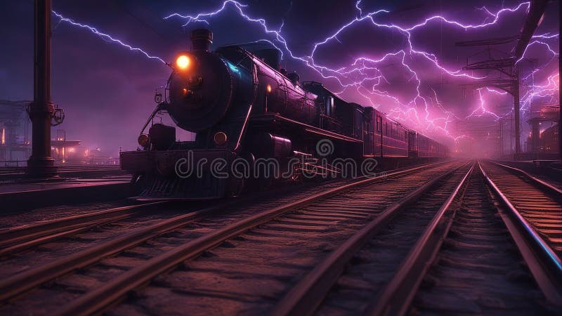 Train on Railway Lightning Train Riding Lightning Steam Train Ride the ...