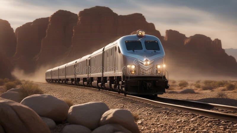 Train on the Railway a Silver Train Over Tracks in the Desert Stock ...