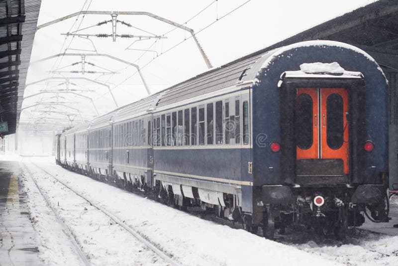 Train in Railway Station in Winter Time Stock Image - Image of railroad ...
