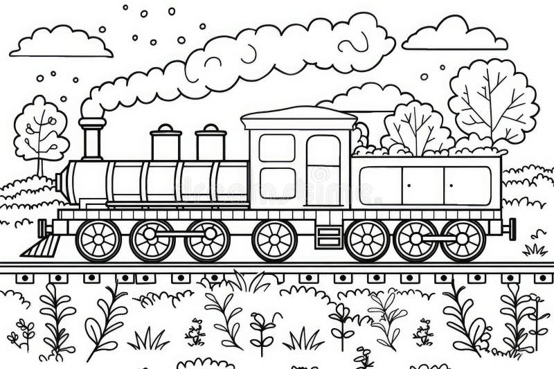 Train on Railway Tracks Amidst Nature, for Coloring Activity. Coloring ...