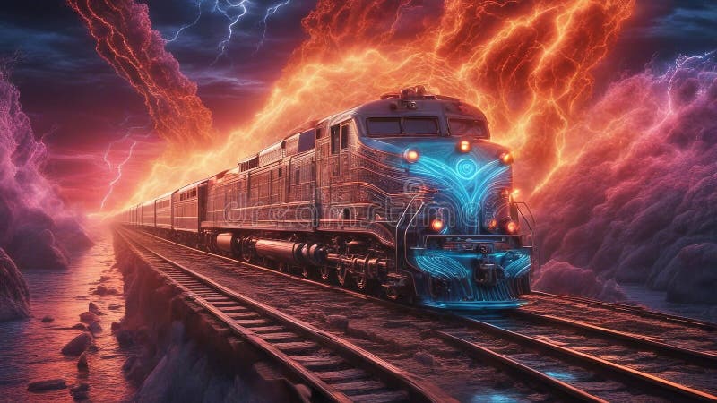 Train on the Railway Train Driving through Fire and Ice, with Lightning ...