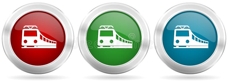 Train, Railway, Transportation Vector Icon Set. Red, Blue and Green ...