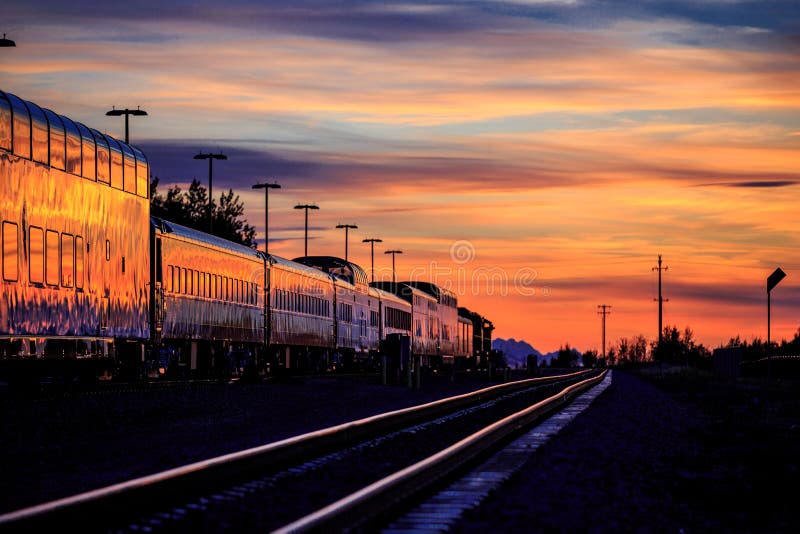 Train on the Railways in Alaska at Sunset Stock Photo - Image of city ...
