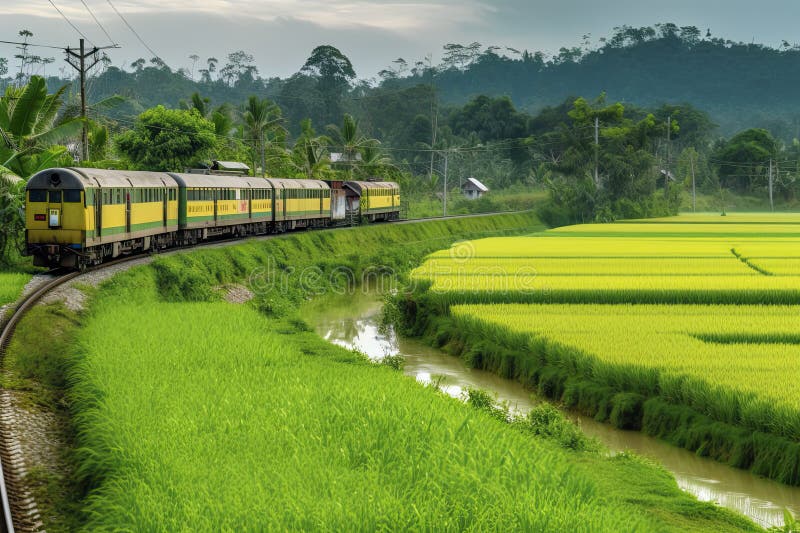 Train and Rice Fields in the Countryside of Southeast Asia Stock ...