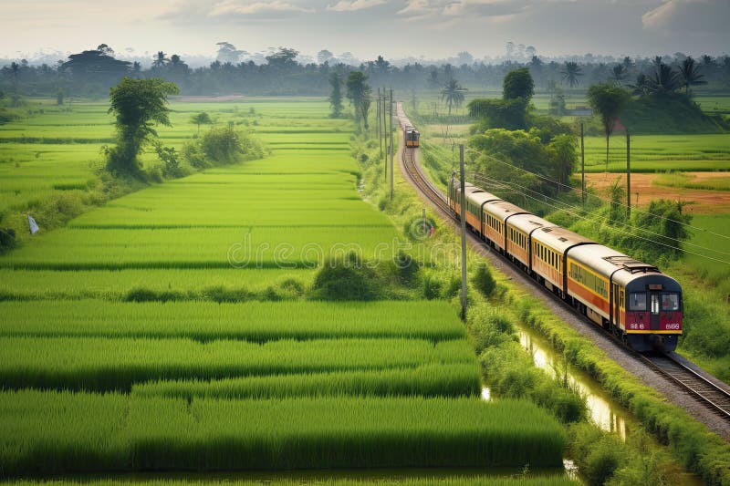 Train and Rice Fields in the Countryside of Southeast Asia Stock ...
