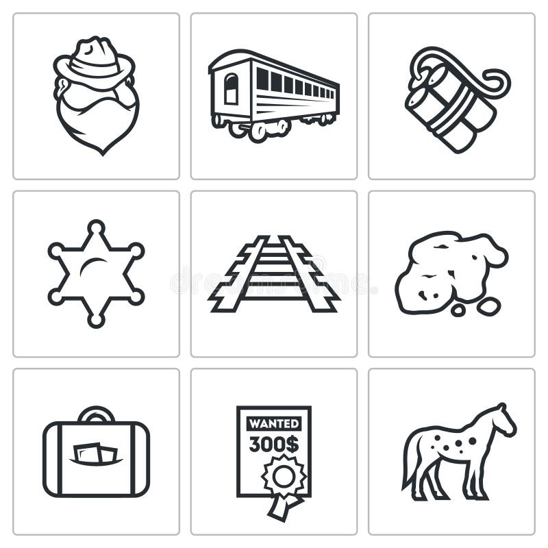 Train Robbery in the Wild West Icons Set. Vector Illustration. Stock ...