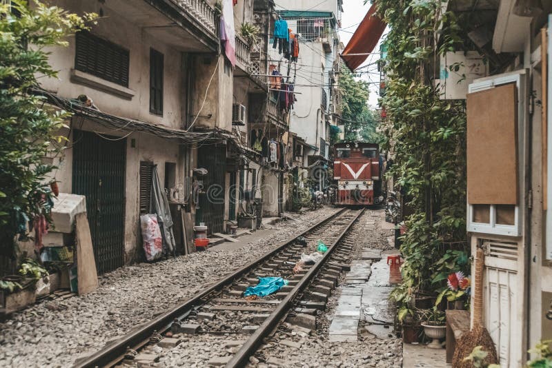 Train Run through an Ancient Town in Hanoi Stock Photo - Image of ...