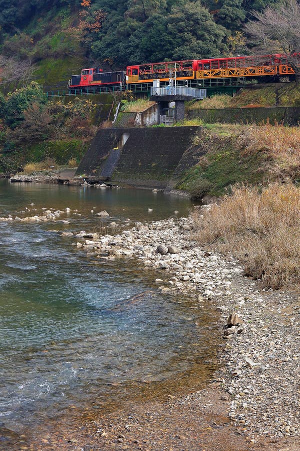 Train Running on Arashiyama River, Kyoto, Japan Editorial Stock Image ...