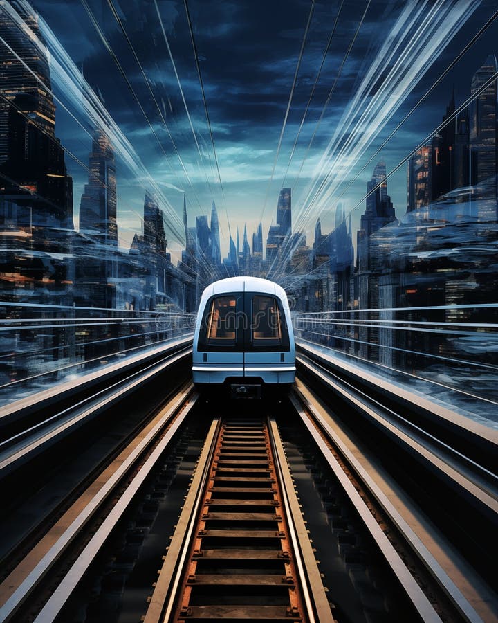 A Train Running at High Speed in a Big City Stock Illustration ...