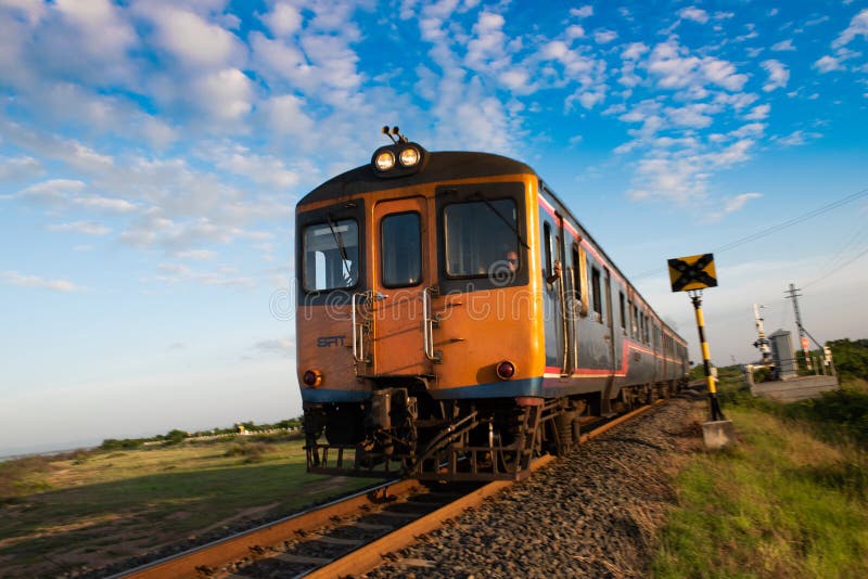 Train Running on Railway in Rural View, Train Engine Pulling To ...