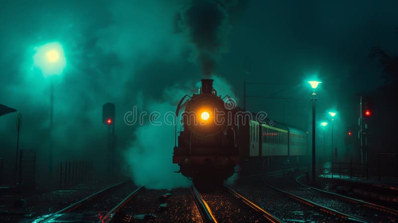 A Train Running on Track at Night Stock Illustration - Illustration of ...
