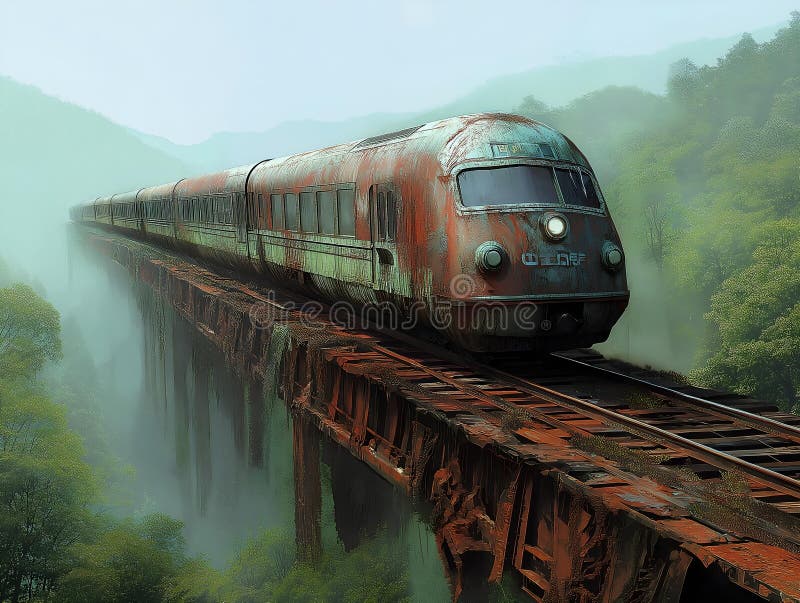 Train on Rusty Bridge, Misty Landscape, Atmospheric Perspective Stock ...